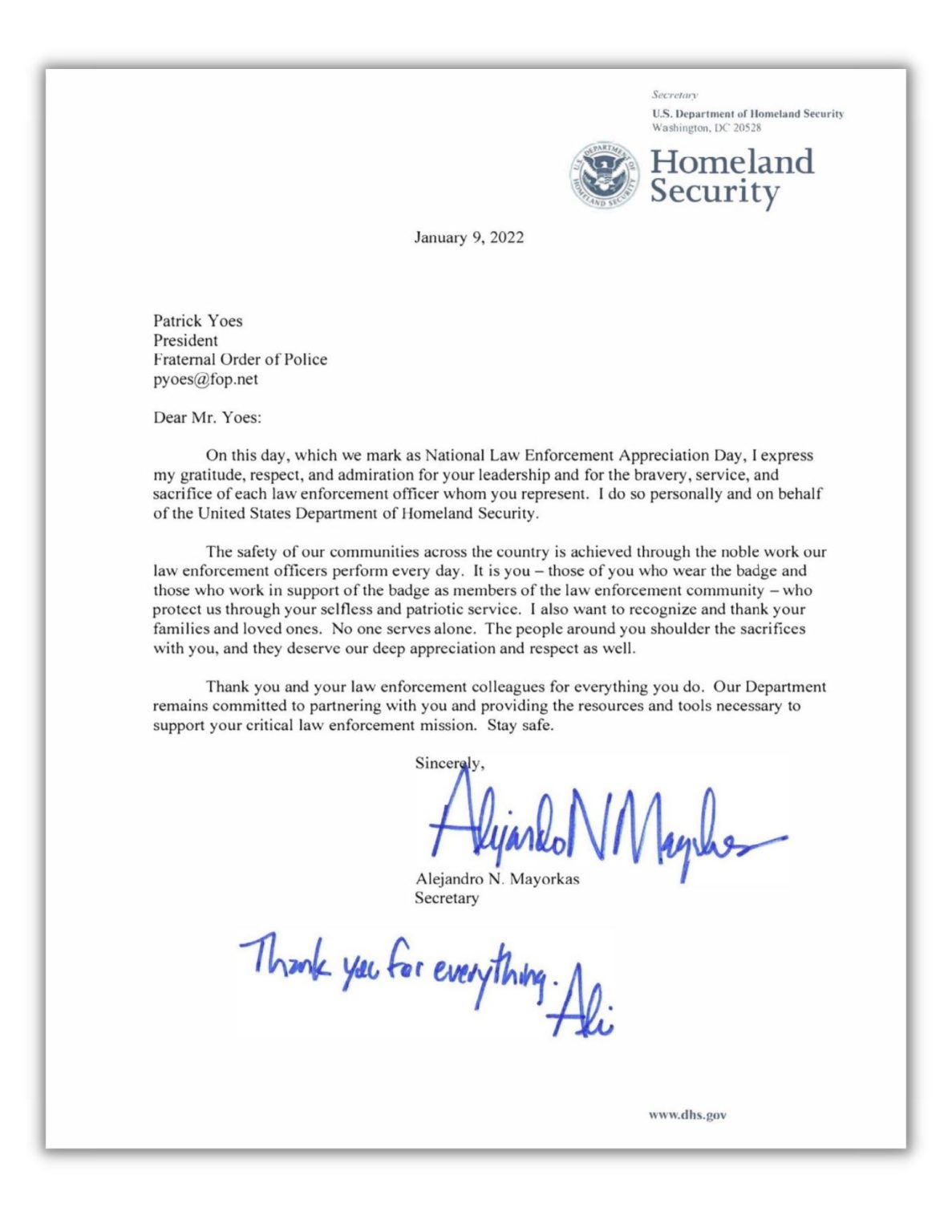Secretary of Homeland Security Pens Letter to National President Yoes ...
